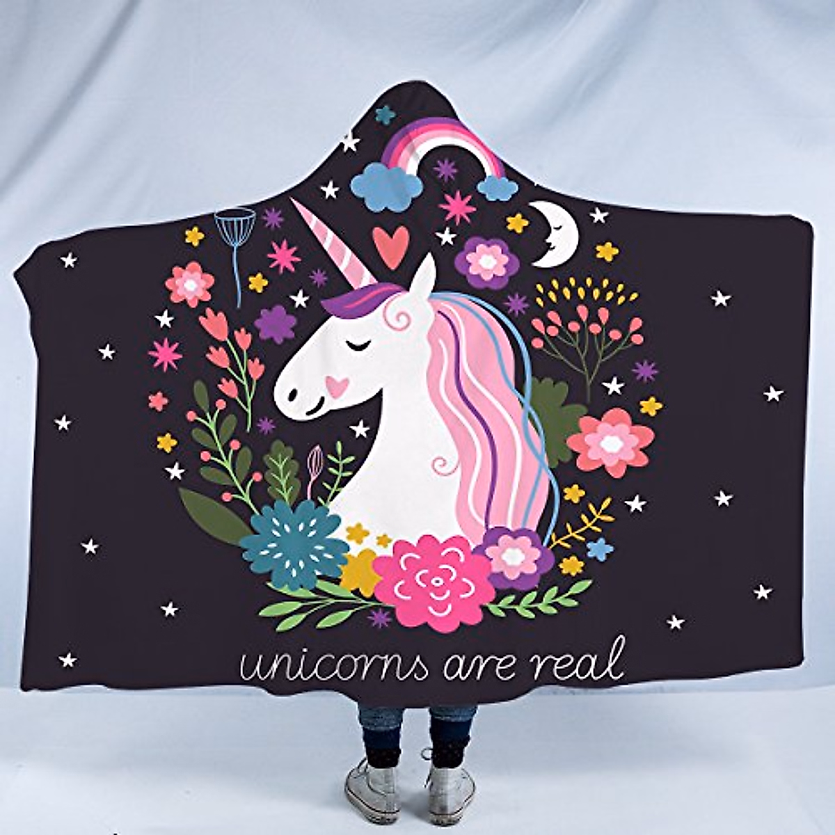 Sleepwish Unicorn Sherpa Blanket Poncho Hoodie Outdoor Blanket Little Unicorn Plush Fleece Blanket Cute Cartoon Unicorn Hooded Blanket for Adults (60"x 80")