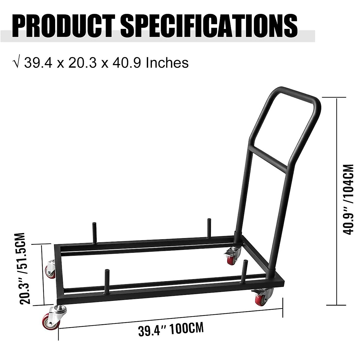 Black Folding Chair Cart Rolling Push Dolly, Commercial Grade Steel Frame, Storage Capacity 50 Chairs