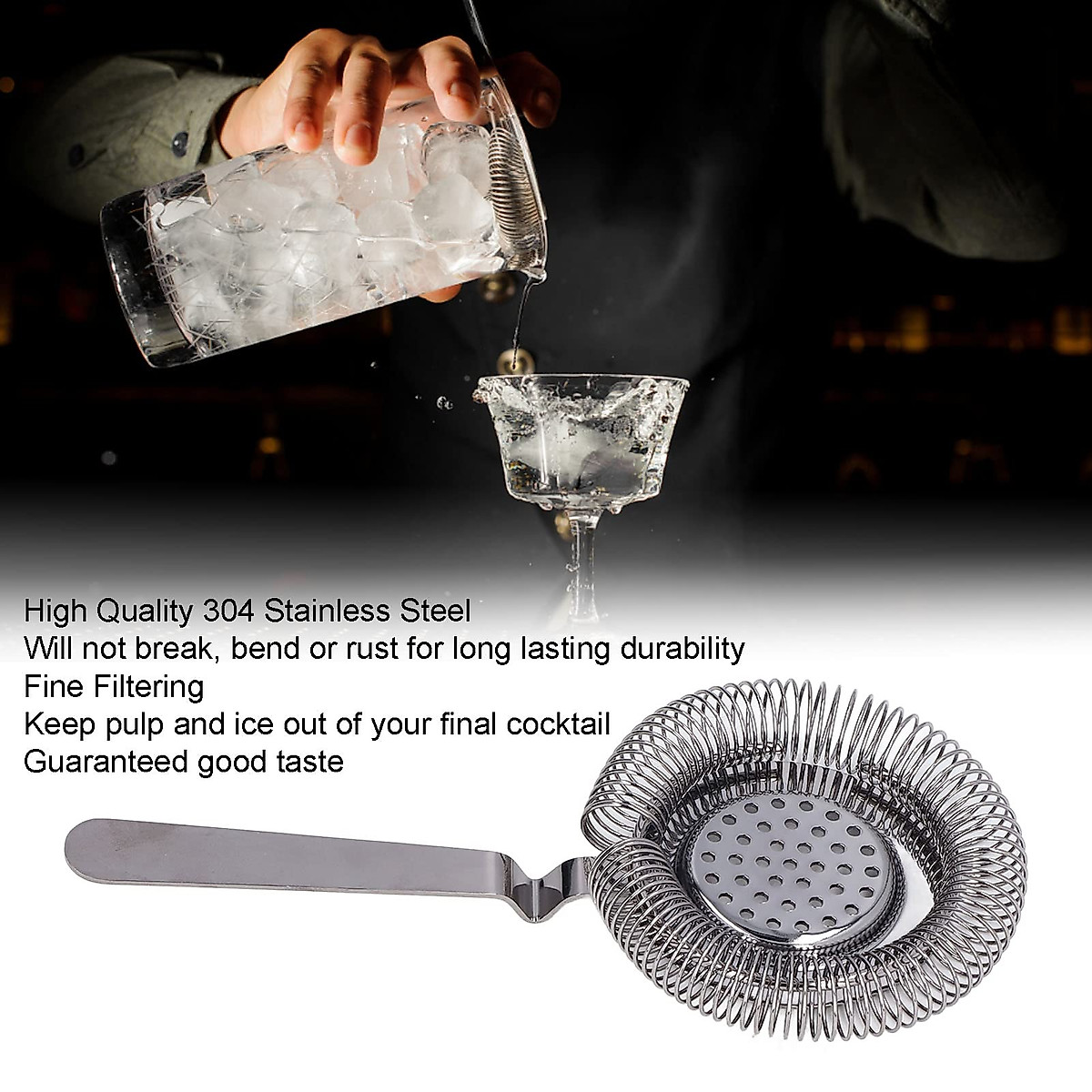 Bar Strainer, Stainless Steel Cocktail Strainer Hawthorne Strainer with Removable Spring, 8 x 3.7in(Black)