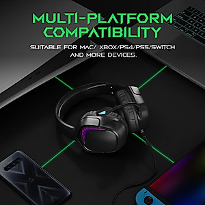 Black Shark Gaming Headset with Microphone, Noise Cancelling Wired 3.5mm Gamer Headphones, LED Light, Over Ear Soft Memory Earmuffs for for PS4 PS5 PC Xbox One Switch