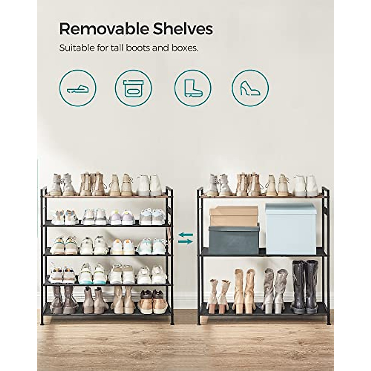 SONGMICS 5-Tier Shoe Storage Organizer and 8-Tier Tall Storage Rack Bundle, Shoe Storage Shelf, Narrow Shelf Organizer, Adjustable Feet, Rustic Brown, Black and Bronze ULMR035B01 and ULMR028A01
