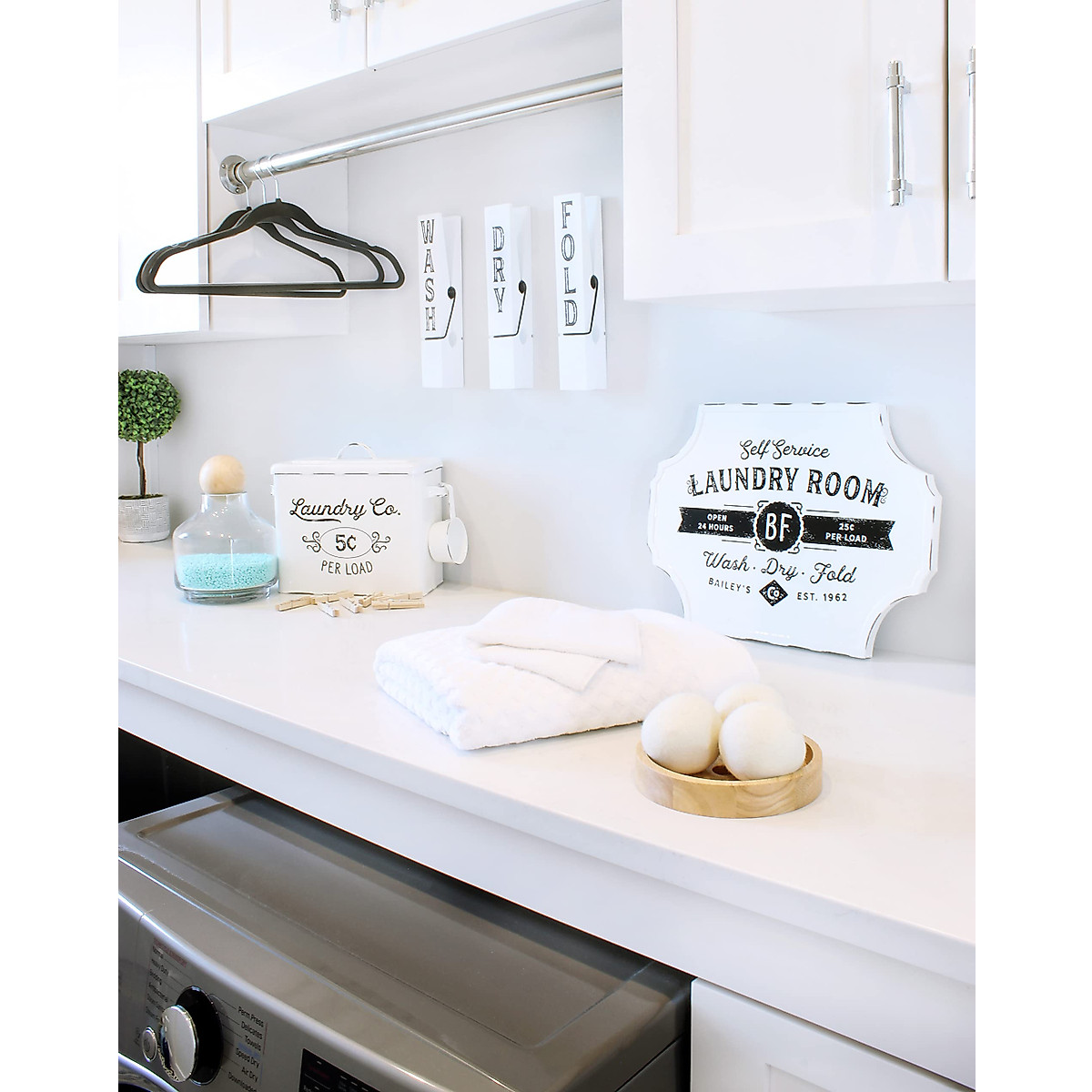 AuldHome Design Laundry Room Wall Art (Set of 3); Rustic Wood Clothespin Shaped Laundry Decor