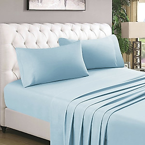 Full Size Sheet Set - 4 Piece - 100% Cotton Hotel Luxury Bed Sheets - Extra Soft - 18"–24" Deep Pocket Fitted Sheets - Breathable & Cooling Sheets - 800 Thread Count - Light Blue Bed Sheets