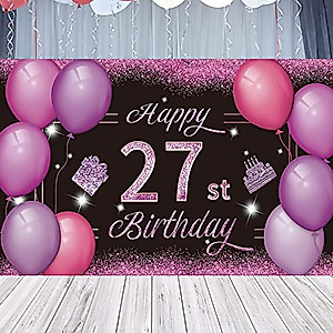 Happy 27st Birthday Backdrop Banner Pink Purple 27th Sign Poster 27 Birthday Party Supplies for Anniversary Photo Booth Photography Background Birthday Party Decorations, 72.8 x 43.3 Inch