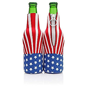 Beer Bottle sleeves - Set of 6 Zipper American Flag Theme Coolies - Extra Thick Neoprene - Fully stitched, Non-Glued Base - Bonus Bottle Opener - Trendy & Awesome Gift or Hosting Item #6USF