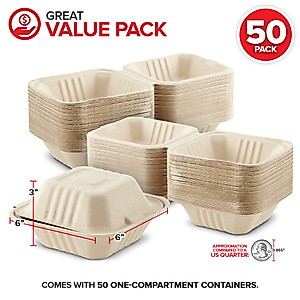 Clamshell Take Out Food Containers 6" x 6” (50 Pack) 1-Compartment, Disposable To Go Container, Togo Boxes With Lids, Trays for Lunch, Dinner, Meal-Prep, Eco Friendly, Compostable, Biodegradable