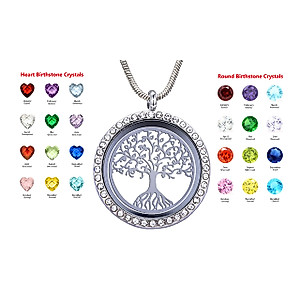 GOKING Family Tree of Life Floating Locket Necklace with 24 Birthstones, 30mm Diy Charms Living Memory Stainless Steel Pendant, Gifts for Mom Grandma Aunt Nieces Daughter Women