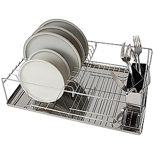 Kitchen Details 3 Piece Dish Rack | Drain Tray | Cutlery Holder | Countertop | Organizer | Holds 13 Dishes | Chrome