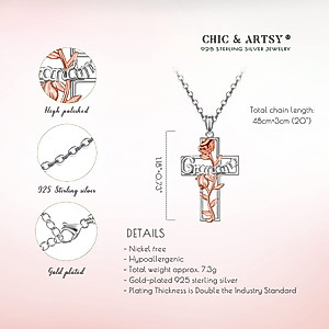 CHIC & ARTSY Women Cross Necklace 925 Sterling Silver Grandmother Necklace Nana Cross Pendant Necklace Grandma Rose Flower Cross Necklace for Mothers Day Mom Wife