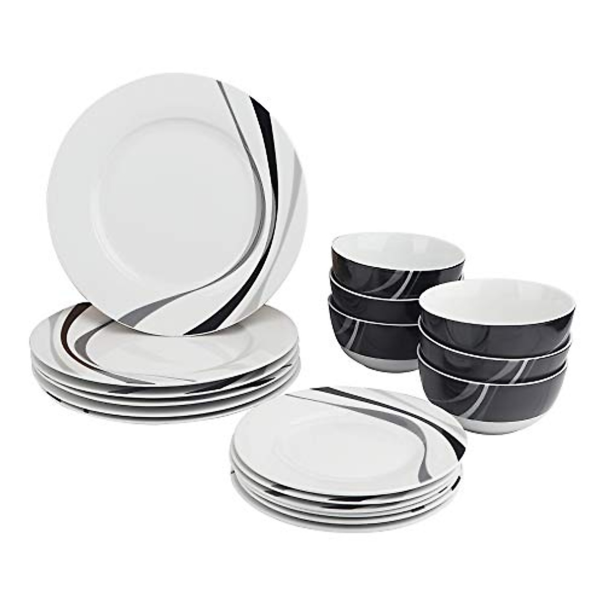 Amazon Basics 18-Piece Kitchen Dinnerware Set, Plates, Dishes, Bowls, Service for 6, Swirl