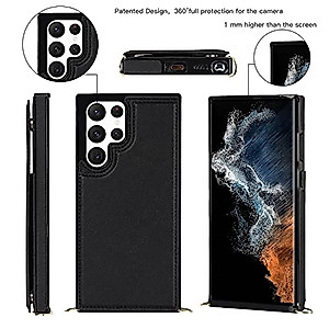 DEFBSC Compatible with Samsung Galaxy S22 Ultra Case, Crossbody Wallet Case, Adjustable Detachable Lanyard Neck Strap with Kickstand Leather Card Holder Protective Cover-Black
