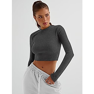 Trendy Queen Womens Long Sleeve Crop Tops Basic Ribbed Slim Fitted Shirts Casual Fall Fashion Y2k Teen Girl Clothes Black Grey S