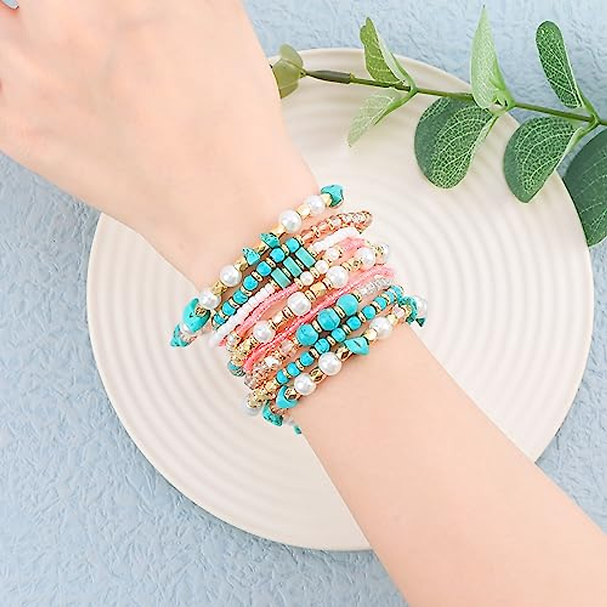 Bohemian Turquoise Beaded Bracelets for Women 9Pcs Colorful Stackable Natural Stone Stretch Bracelets Multilayered Glass Seed Beads Pearl Bracelet Set Boho Holiday Summer Beach Jewelry Gift for Girls