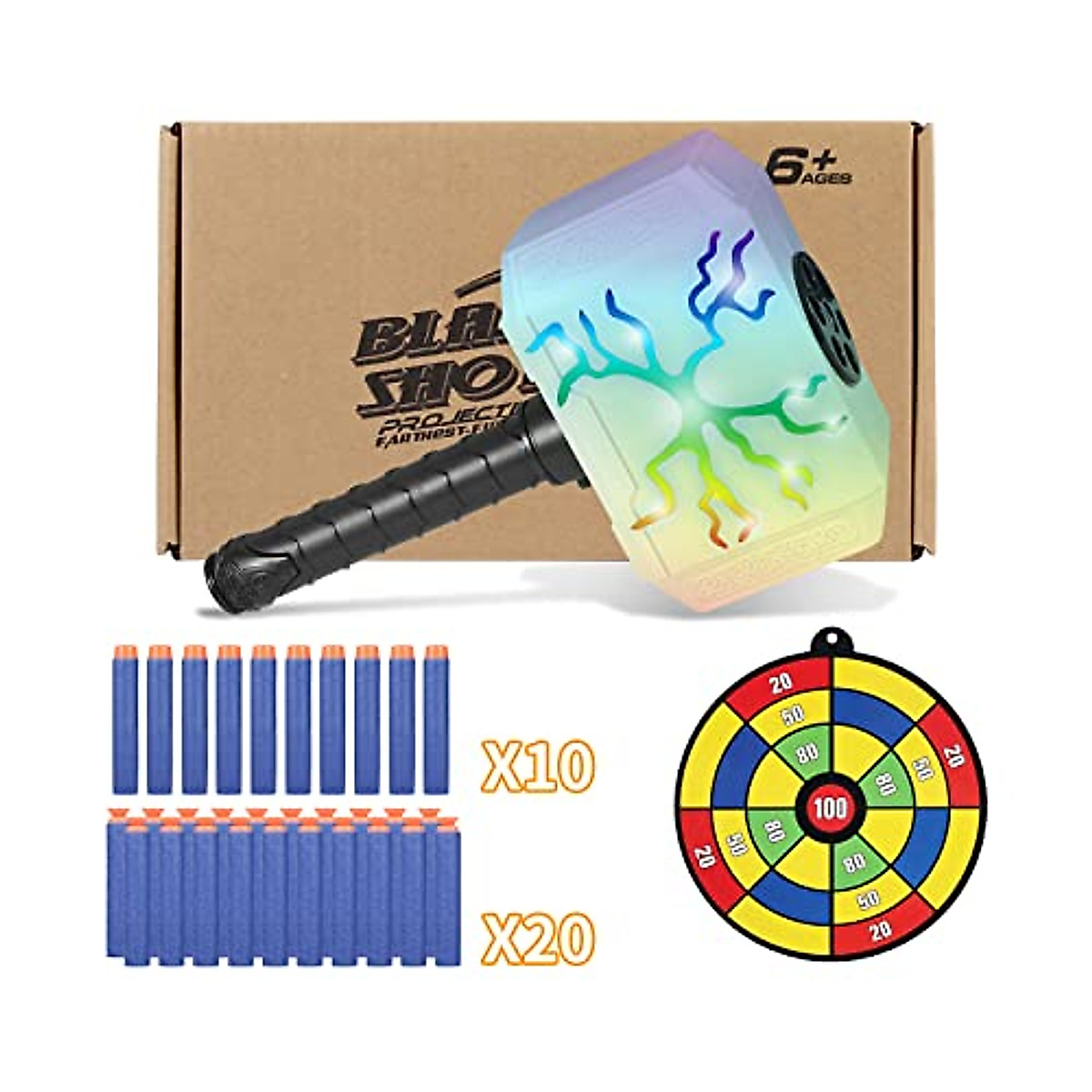 Thor Dart-Blasting Hammer Toys for Nerf Guns-Toys for 5 6 7 8+ Year Old Boys,Kids Roleplay Toy Thunder Mjolnir for with Lights, with 30 Darts