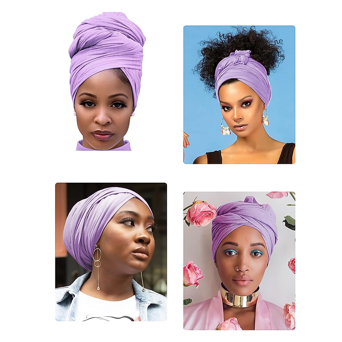 Harewom Head Wraps for Black Women Stretchy Head Scarf African Hair Wraps for Dreads Locs Natural Hair Turban Headwraps Jersey Tie Headbands(Purple and Light Purple)