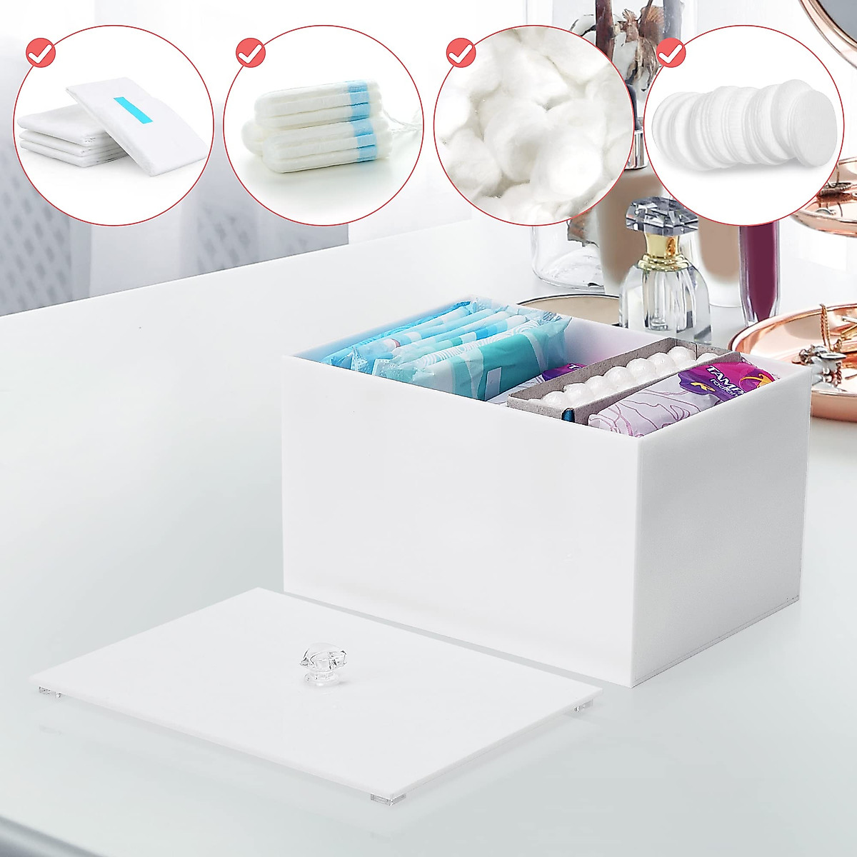 ChengFu Acrylic Sanitary Napkin Storage Container, Pad Holder for Period, Pad Holder for Women Bathroom, Pad and Tampon Holder for Bathroom, Sanitary Napkin Dispenser, White