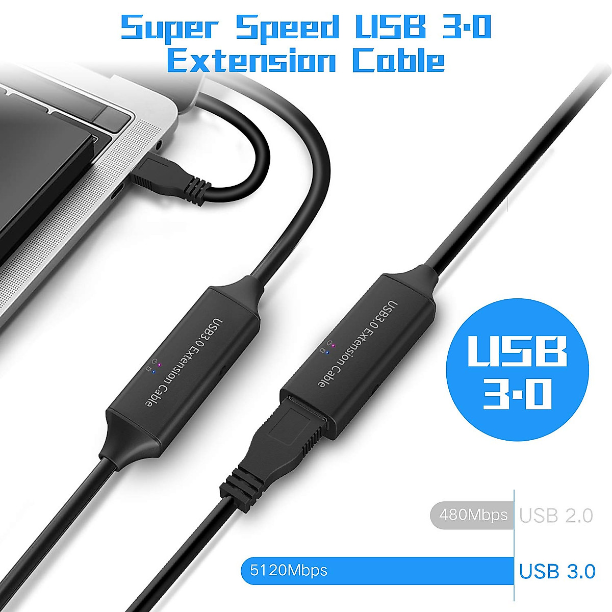 RSHTECH USB 3.0 Active Extension Cable 32 Feet with 5V 2A Power Adapter, USB 3.0 Extender Male to Female Cord with Built-in Signal Booster Chips for Xbox, PS4, USB Printer, Mouse, Keyboard, etc