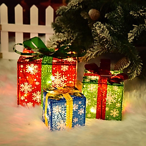 COVFEVER Christmas Lighted Gift Boxes with Snowflake Ornament, Pre-lit Lights 8 Modes Light up Present Boxes Set Battery Operated with Different Sizes for Holiday Indoor Outdoor Decorations