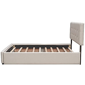 SIYSNKSI Modern Queen Size Platform Bed with 2 Drawers and 1 Twin XL Trundle, Upholstered Platform Bed Frame with Wood Slats and Headboard, Linen Fabric Storage Bed (Dark Beige-Queen-4)
