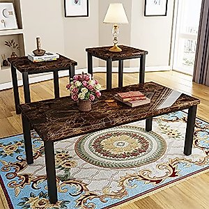 DKLGG Faux Marble Coffee Table Set of 3 Piece, Living Room Table Set Coffee Table & 2pcs End Table with Metal Frame Sofa Side Tables Perfect for Living Room Apartment Accent Furniture