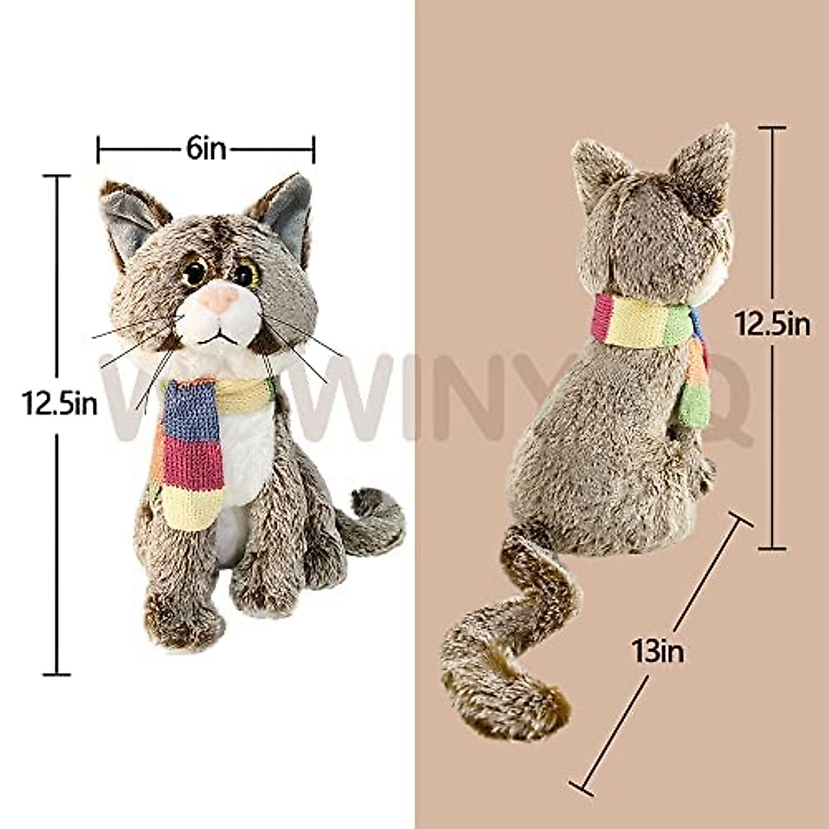 WEWINYTQ Cuddly Deluxe Cat Plush Toy, Soft Kitten Stuffed Animal Kitty Doll Toy Gifts for Kids Children’s Day, Birthday, Valentine, Christmas White and Brown –10 inch