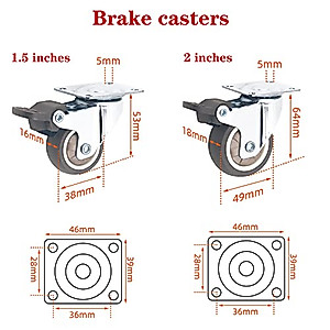 Rubber Swivel Caster Wheel,Castor Wheels Heavy Duty Swivel Trolley Furniture Caster with Brakes, Shopping Cart Wheel Trolley Swivel Caster Wheels Soft Rubber, 4 Pieces 38mm Castor Wheel (Size : 38mm