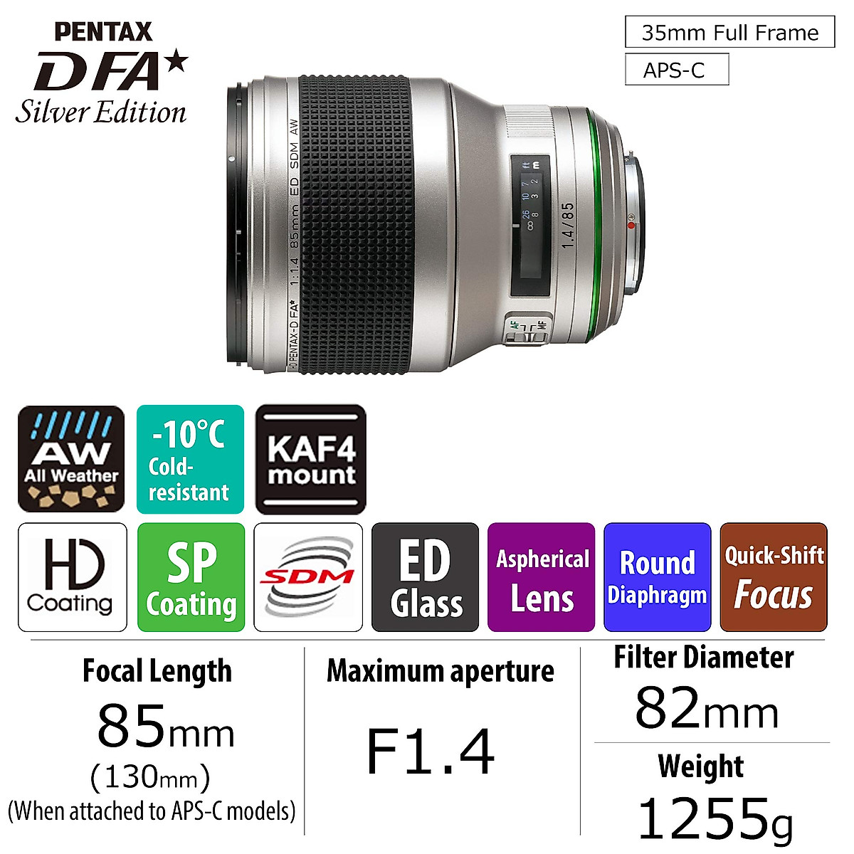 Pentax HD PENTAX-D FA*85mmF1.4ED SDM AW Silver Edition: Limited Quantity Prime Telephoto Lens from The New-Generation, Star-Series Lens Featuring The Latest PENTAX Lens Coating Technologies (23550)