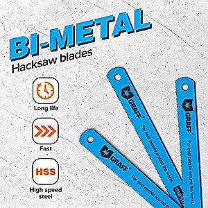 GRAFF Bi-Metal Molybdenum Hacksaw Blades 12 Inch for Metal and Steel Cutting 24 tpi - Handsaw Blades Replacement HSS
