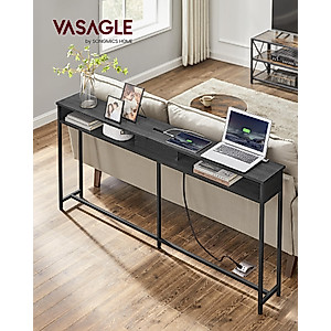 VASAGLE 55.1-Inch Console Table with Outlet and Shelves, Sofa Table with Charging Station, Behind Couch Table Skinny, Entryway Table for Hallway, Living Room, Charcoal Gray and Ink Black ULNT120B22