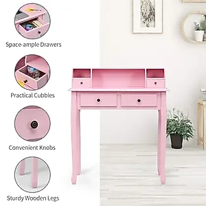 Giantex Writing Desk with 4 Drawers, Removable Floating Organizer 2-Tier Mission Home Computer Vanity Desk for Apartment Small Space (Pink)