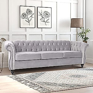 MIYZEAL Modern 3 Seater Couch Velvet, Upholstered Sofa with Tufted Back, Roll Arm Classic Chesterfield Settee Couches for Living Room, Office (Dark Gray)