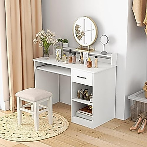 Tangkula White Computer Desk with Drawer & Keyboard Tray, 22 Inch Wide Modern Study Writing Desk with Desktop Hutch & Storage Shelves for Kids, Wood PC Laptop Desk, Desk for Bedroom