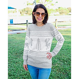 LookbookStore Women's Grey Long Sleeves Ugly Christmas Tree Reindeer Winter Holiday Knit Sweater Pullover Size S 4 6