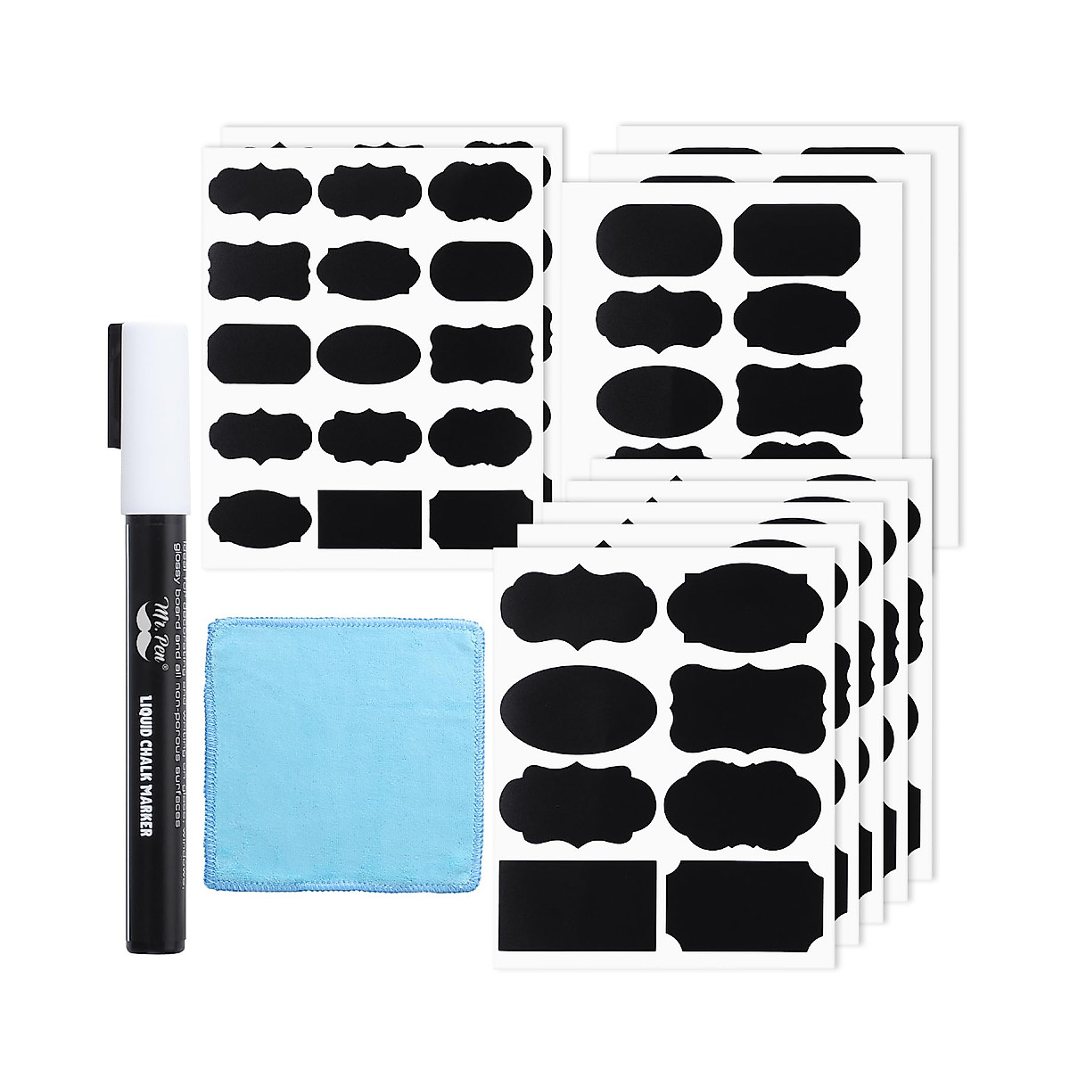 Mr. Pen- Chalkboard Labels, 100pc, Assorted Shapes, 1 White Chalk Marker and Small Towel, Labels, Label Stickers, Labels for Storage Bins, Sticker Labels, Bottle Labels, Food Labels, Jar Labels