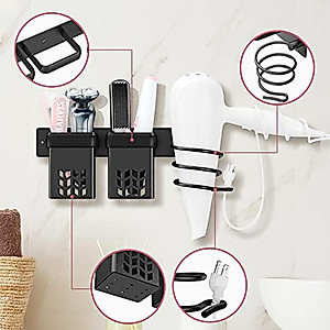 RIUOTA Hair Dryer Holder, Hair Tool Organizer, Blow Dryer Holder Wall Mounted, Hair Dryer Organizer, Storage Bracket with Plug Hook & Cup for Bathroom Hotel Bedroom