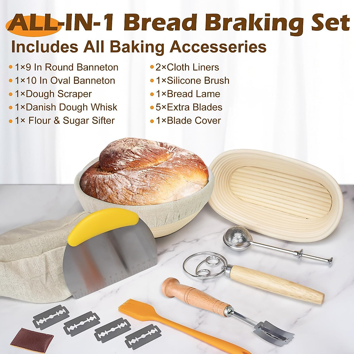 Banneton Bread Proofing Baskets, 9 Inch Round & 10 Inch Oval Sourdough Baking Basket, Complete Set for Bread Making—Bread Lame, Danish Whisk, Dough Scrapers, Flour & Sugar Sifter, Basting Brush