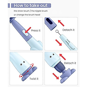 Anivona 4Pcs Baby Bottle Brushes Set, One Silicone Baby Bottle Brush, 1 Hidden Silicone Nipple Cleaner, 1 Straw Brush, 1 Lid Brush, Bottle Brush with Nipple Cleaner and Suction Cup, BPA-Free(Blue)