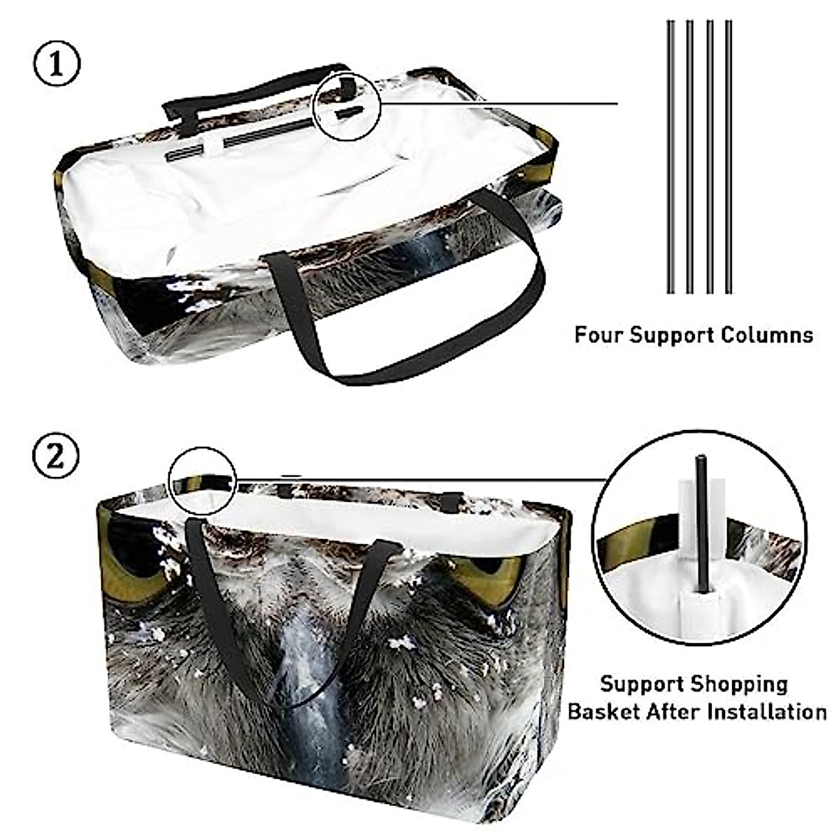 KQNZT Reusable Grocery Bags, Heavy Duty Reusable Shopping Bags, Large Tote Bags with Long Handles and Reinforced Bottom, Animal Winter Owl