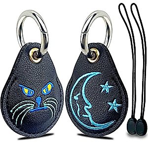 AirTag Leather Holder with Keychain, 2 Pack Waterproof Full Protective Cover, Airtags Enclosed Case, Apple Tracker Enclosure Accessories, Air Tag Mate Case with Embroidery Pattern (Cat & Moon)