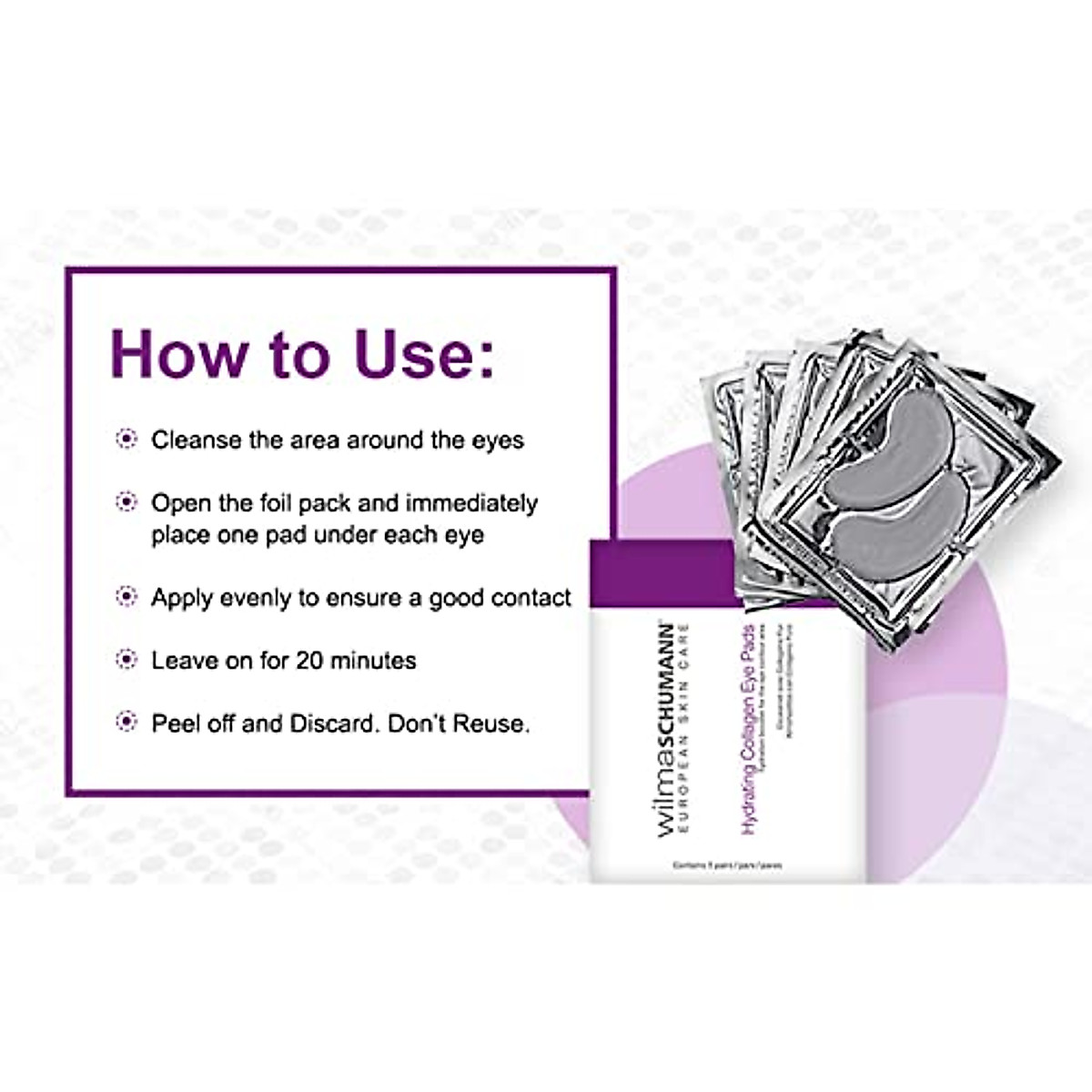 WILMA SCHUMANN Hydrating Collagen Eye Pads - 100% Pure & Natural Collagen Moisturizing Masks will Visibly Reduce Puffy Eyes, Fine Lines, Dark Circles and Wrinkles (Pack of 5 Pairs)