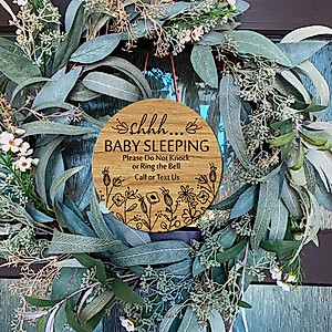 Shhh... Baby Sleeping Hanging Sign Plaque, Do Not Knock Or Ring The Bell, Round Rustic Wooden Door Hanger for Baby Room, Nursery, Kindergarten, Bedroom, Door Knob Door Bell Decor