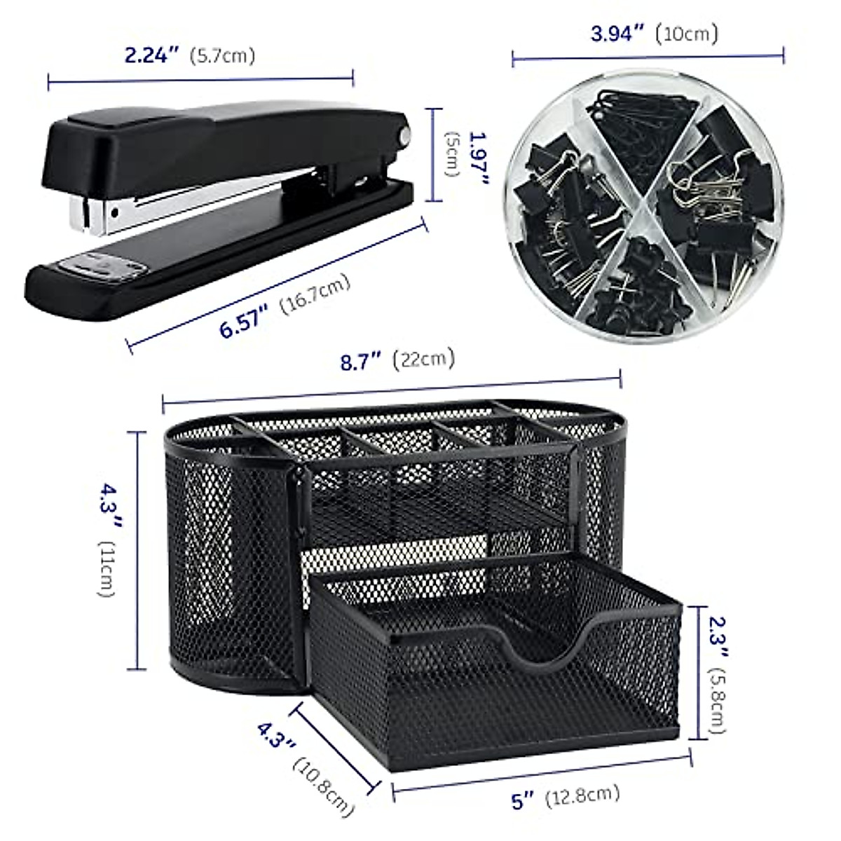 Neudeco Desk Organizers Mesh Desktop Office Supplies Multi-functional Caddy Pen Holder Stationery with 8 Compartments and 1 Drawer + Stapler with 1000 Staples Combo for Office Home School Black
