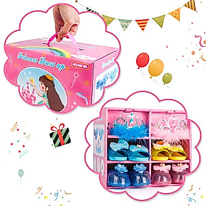 Princess Dress Up Shoes and Jewelry Boutique - 4 Pairs of Play Shoes and Pretend Jewelry Toys Accessories Play Gift Set for Toddlers Little Girls Aged 3,4,5,6 Year Old