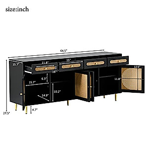 Modern TV Stand with 4 Rattan Doors and 4 Drawers, Entertainment Center for TVs Up to 65", Media Console Table Storage Sideboard Cabinet with Adjustable Shelves for Living Room Bedroom (Black-4R)