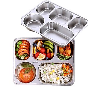 AIYoo Set of 2 Stainless Steel Rectangular Divided Plates Tray 5 Sections Dinner Plates for Adults - Unbreakable Metal Plate for Campers, and Portion Control Reusable Plate