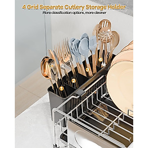 LIONONLY Dish Drying Rack, Dish Racks for Kitchen Counter, 304 Stainless Steel Dish Drainer Drainboard Set with Smart Drainage, 360° Adjustable Spout, Utensil Holder and Cup Holder,Black