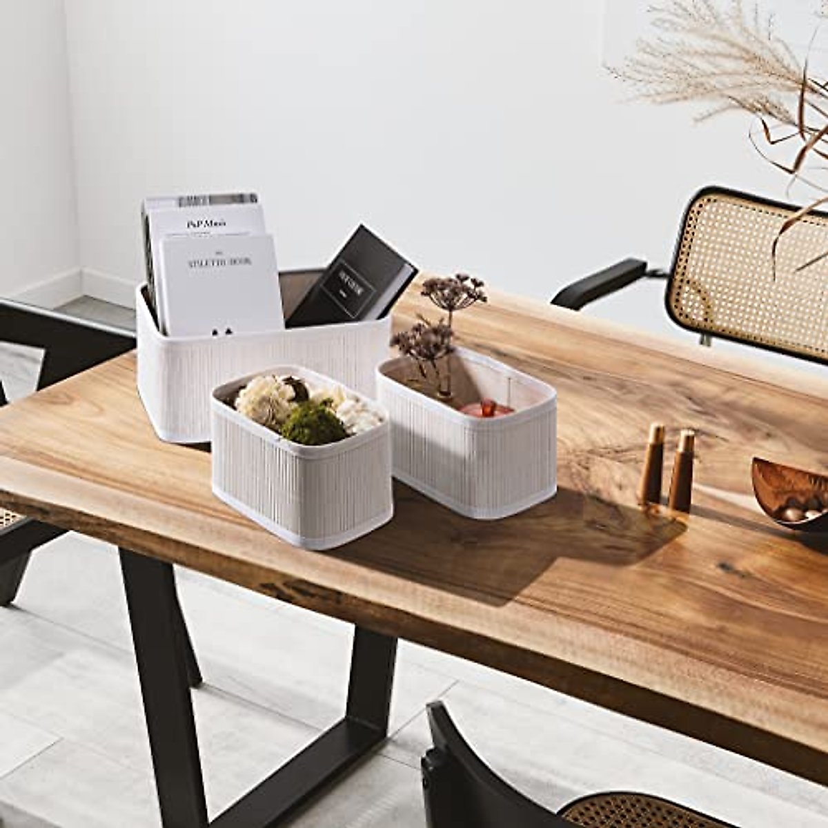 Sorbus Bamboo Storage Baskets - Set of 3 - Organizer Bins for Closet, Open Shelves, Bedroom - Fluted Design - Fabric Lining - Generous Depth & Large Size