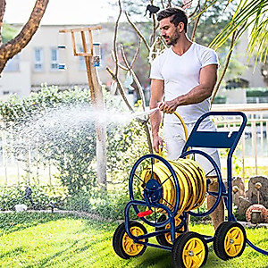 Goplus Garden Hose Reel Cart, Heavy Duty Water Planting Cart w/Non-slip Crank Handle, 4 Solid Wheels, Outdoor Hose Reel Holds 330 FT of 3/4", 5/8” & 400 FT of 1/2" Hose for Garden Yard Lawn Farm
