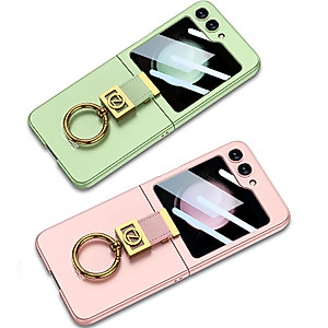 MiorMiar Ultra-Thin Leather Mobile Phone case for Samsung Galaxy Z Flip 5, Folding Hard PC Protective Shockproof Cover with Ring, Camera Protector Shell for Z Flip5 (Light Green)