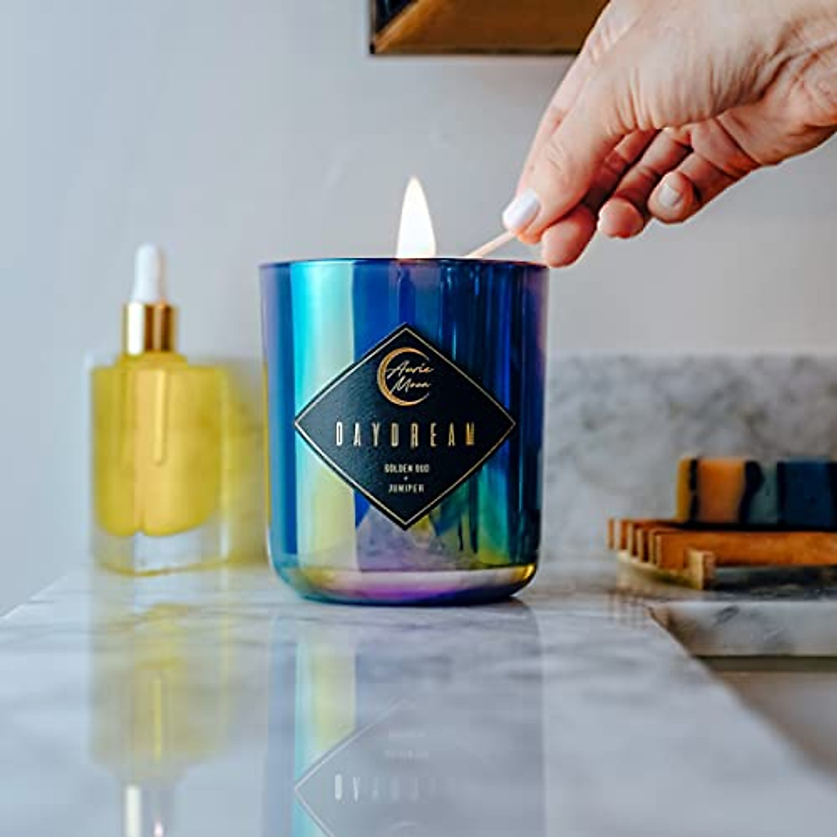 Auric Moon | Golden Oud + Juniper Scented Luxury Soy Coconut Candle for Women | Slow 70+ Hour Burn | Wood Crackling Wicks | 12 Oz Premium Glass | Hand-Poured in California